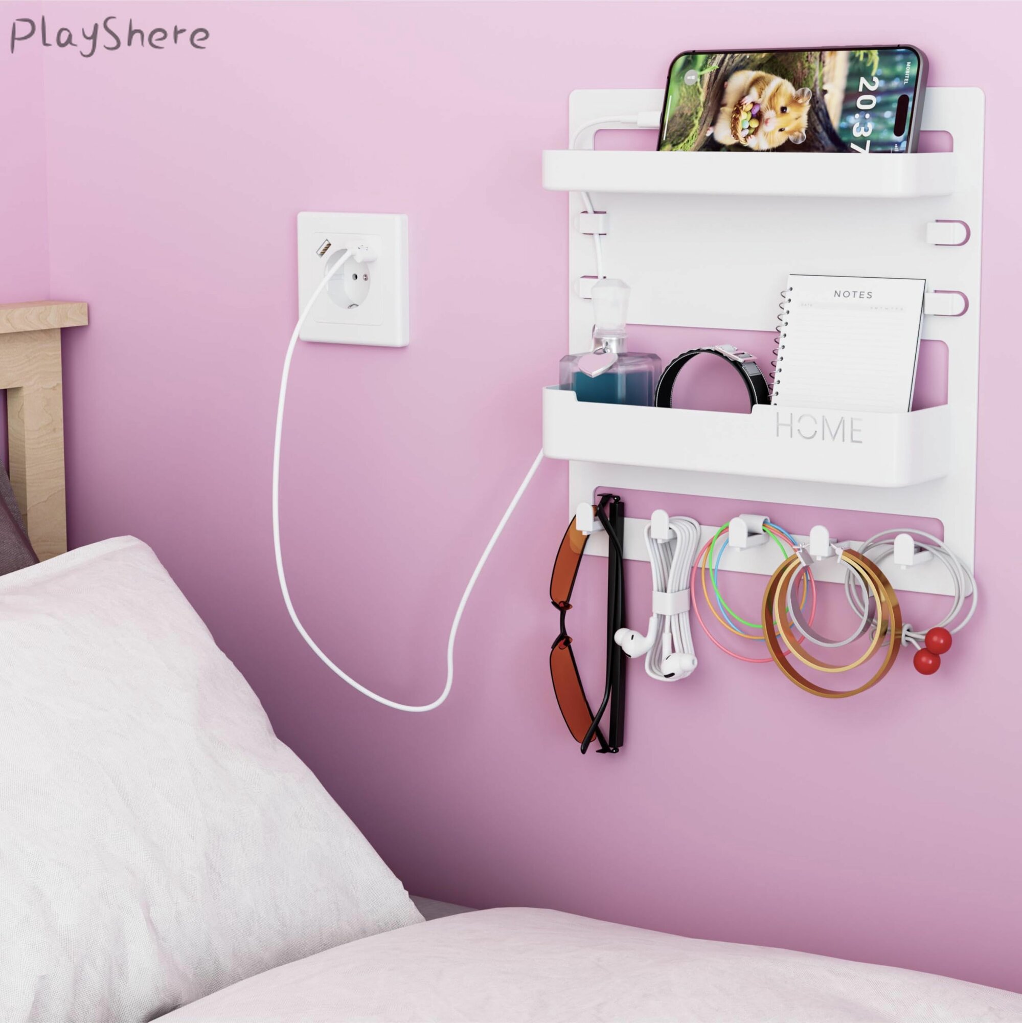 Полка на стену у изголовья кровати, белая, для хранения телефона, зарядного устройства, очков, пульта, для удобства в спальне или общежитии