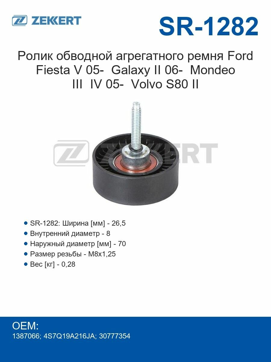 Zekkert Ролик обводной агрегатного ремня Ford Fiesta V 05- Galaxy II 06- Mondeo III IV 05- Volvo S80 II.