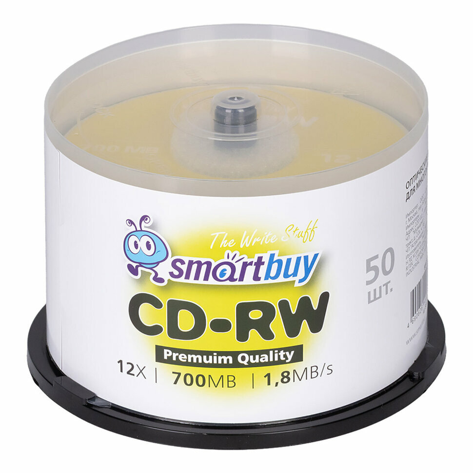 Диски CD-RW SMARTBUY, 700 Мб, 4-12x, Cake Box (упаковка на шпиле), комплект 50 шт, SBCD-RW50, 513982