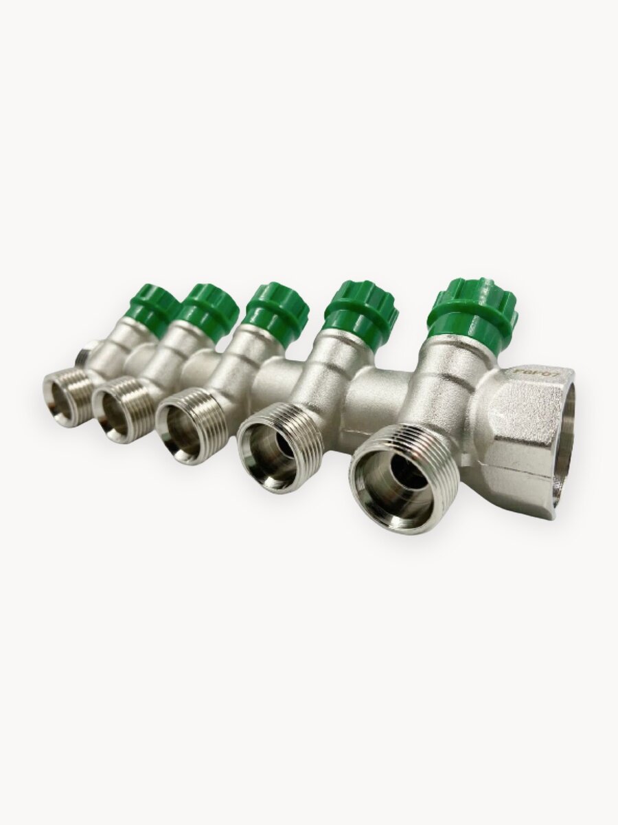 Коллектор распределительный Tim 3/4", 5 выходов 1/2" под "конус", вентильный, под 45гр, латунь