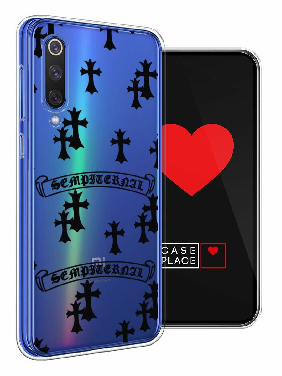 Чехол на Xiaomi Mi9 SE / Сяоми Ми 9 SE с принтом "Кресты паттерн чёрный", прозрачный — фото 1
