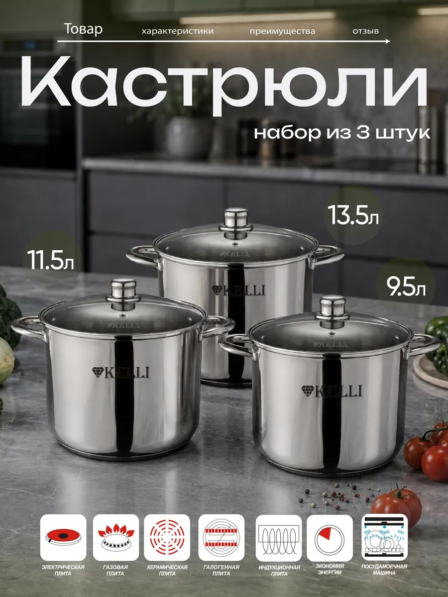 Набор кастрюль с крышками из нержавеющей стали, 6 предметов, 9,5 / 11,5 / 13,5 л, для индукционных плит KELLI KL-4252