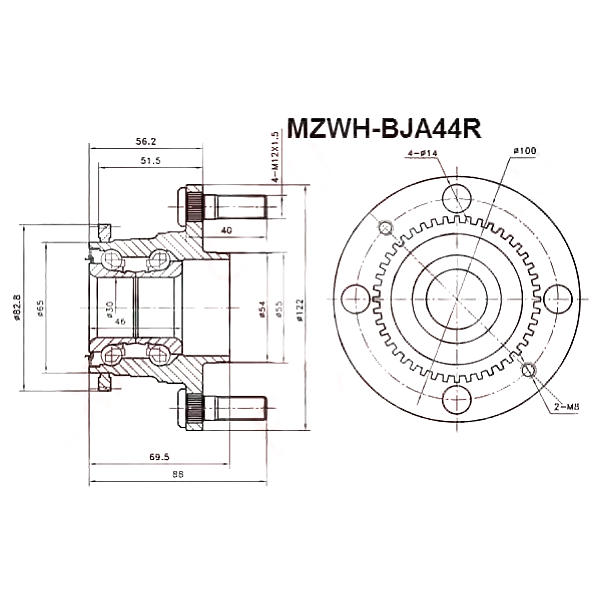 ASVA MZWH-BJA44R (B6032615XA / B6032615XB / B6032615XC) ступица колеса задн. Mazda (Мазда) familia bj 1998-2004