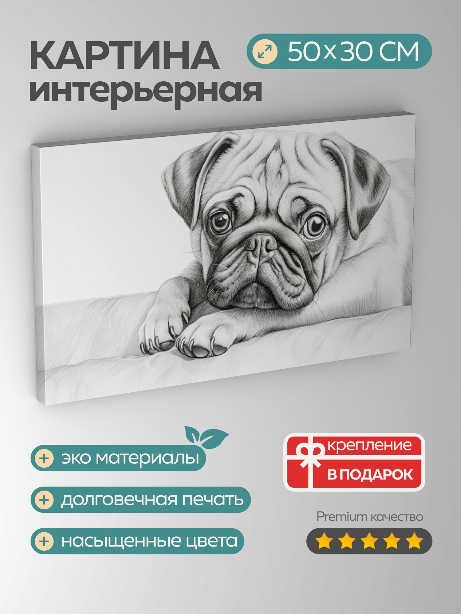 Картина на холсте интерьерная 50х30 см, карандашный набросок, морда мопса, детали морщинистой морды, очарование