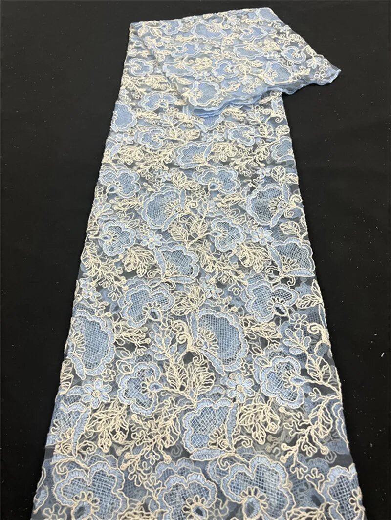 Кружевная ткань с цветочной вышивкой, blue