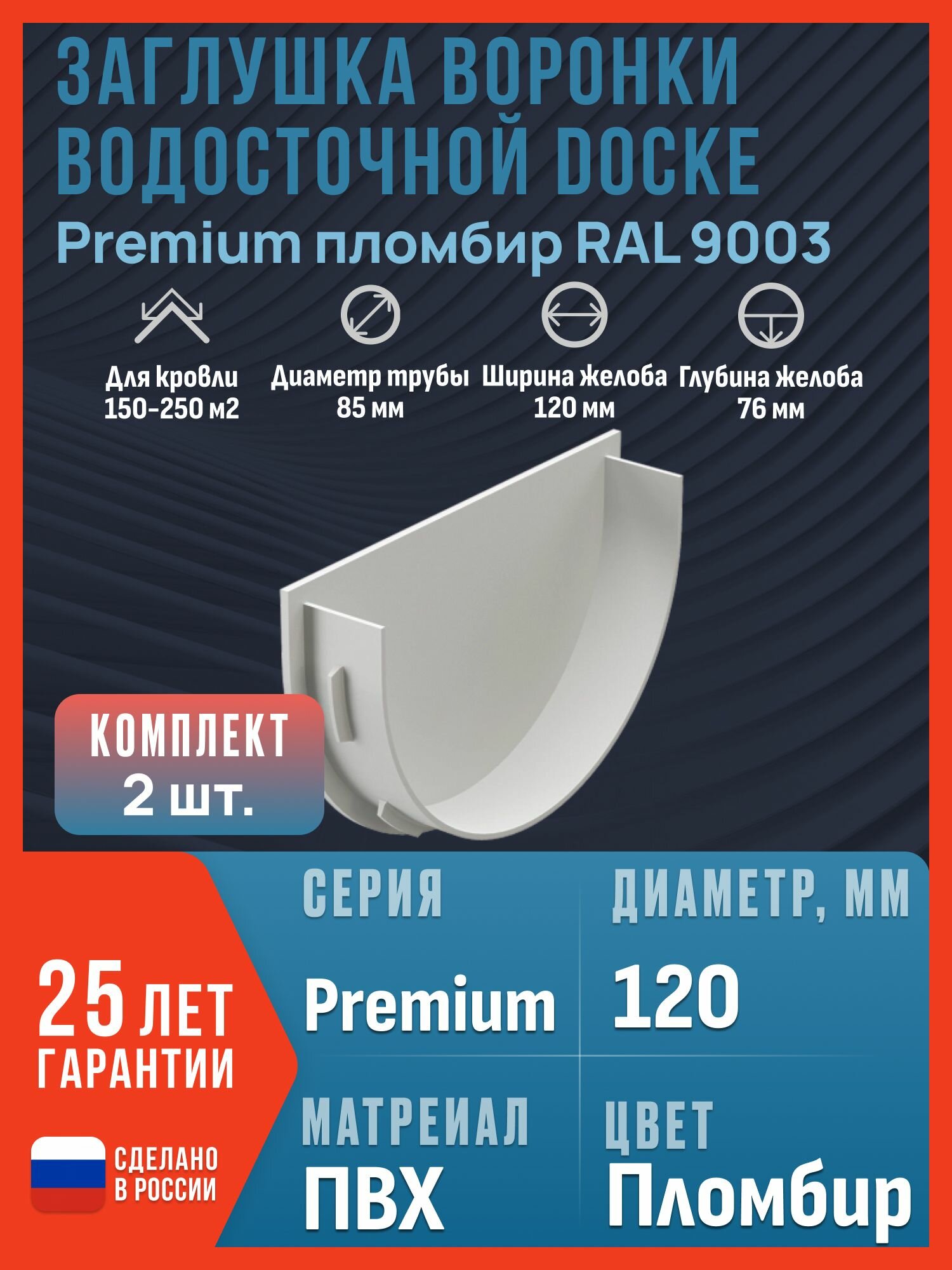 Заглушка воронки водосточной Docke Premium, пломбир (RAL 9003), 2 шт. / Заглушка желоба Деке Премиум