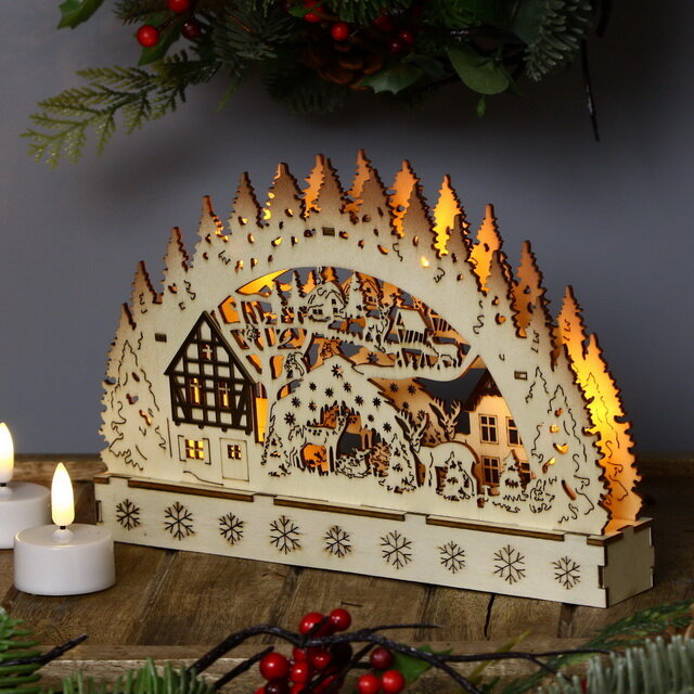 Светильник-горка с мостом Рождественская деревушка в лесу 2, 23*15 см, батарейка, Sigro, 52-1058-2