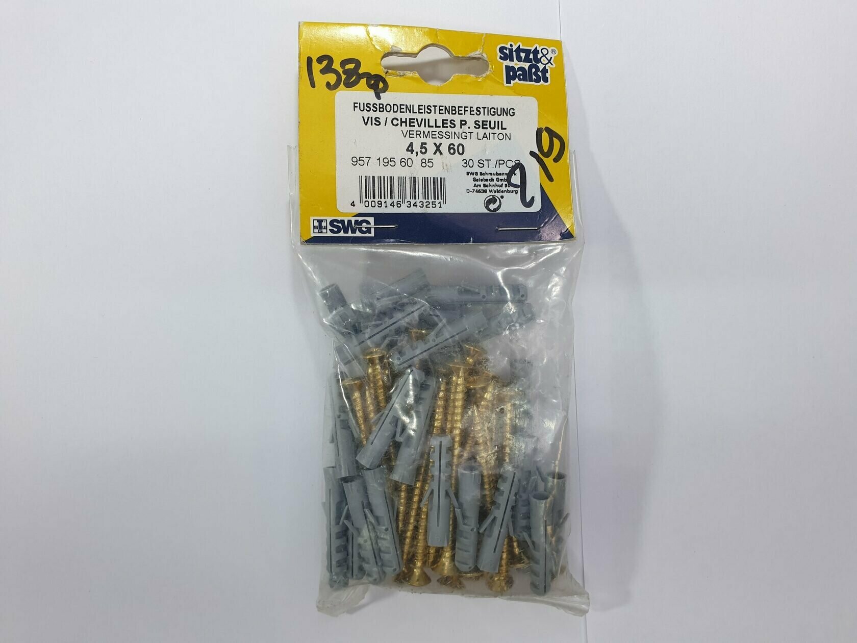 Шуруп для Плинтуса PZ3 4,5x60 (30 pcs) + Дюбель SWG, Германия