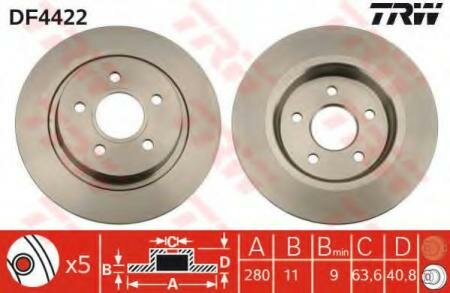 Диск тормозной задн FORD: C-MAX 07-, FOCUS C-MAX 03-07, FOCUS II 05-, VOLVO: C30 06-, C70 кабрио 06-, S40 II 04-, V50 04- (упаковка 2 шт.), TRW DF4422