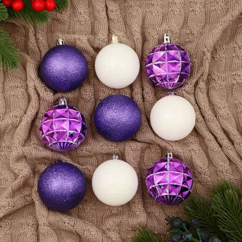 Набор ёлочных шаров пластик d-5,5 см, 9 шт "Рузи" грани, белый фиолетовый