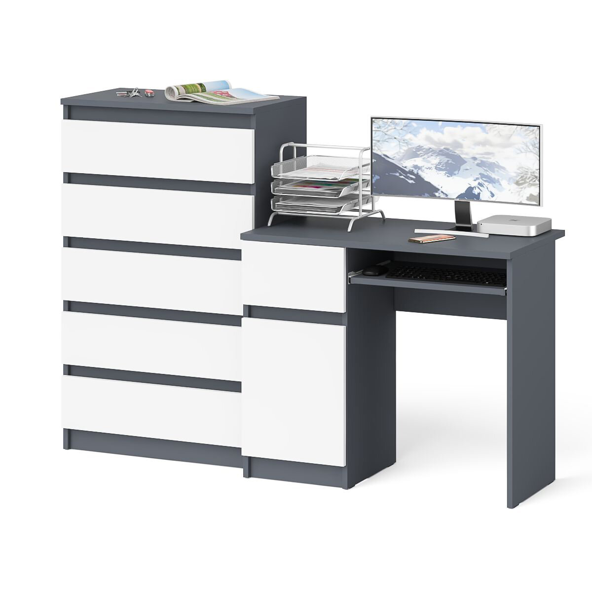 Стол компьютерный дверка и ящик слева СВК Мори МС-1 и высокий комод 5-ть ящиков цвет графит/белый, 160,4х50х114 см.