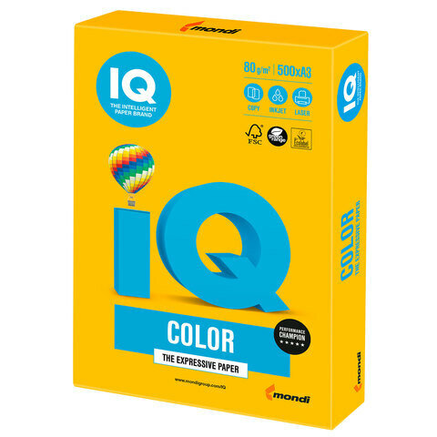 2 шт. Бумага цветная IQ COLOR (А4,80г SY40 солнечно-желтый), Intensive, 500л, для всех видов принтеров и творчества, в фирменной коробке Драйв Директ
