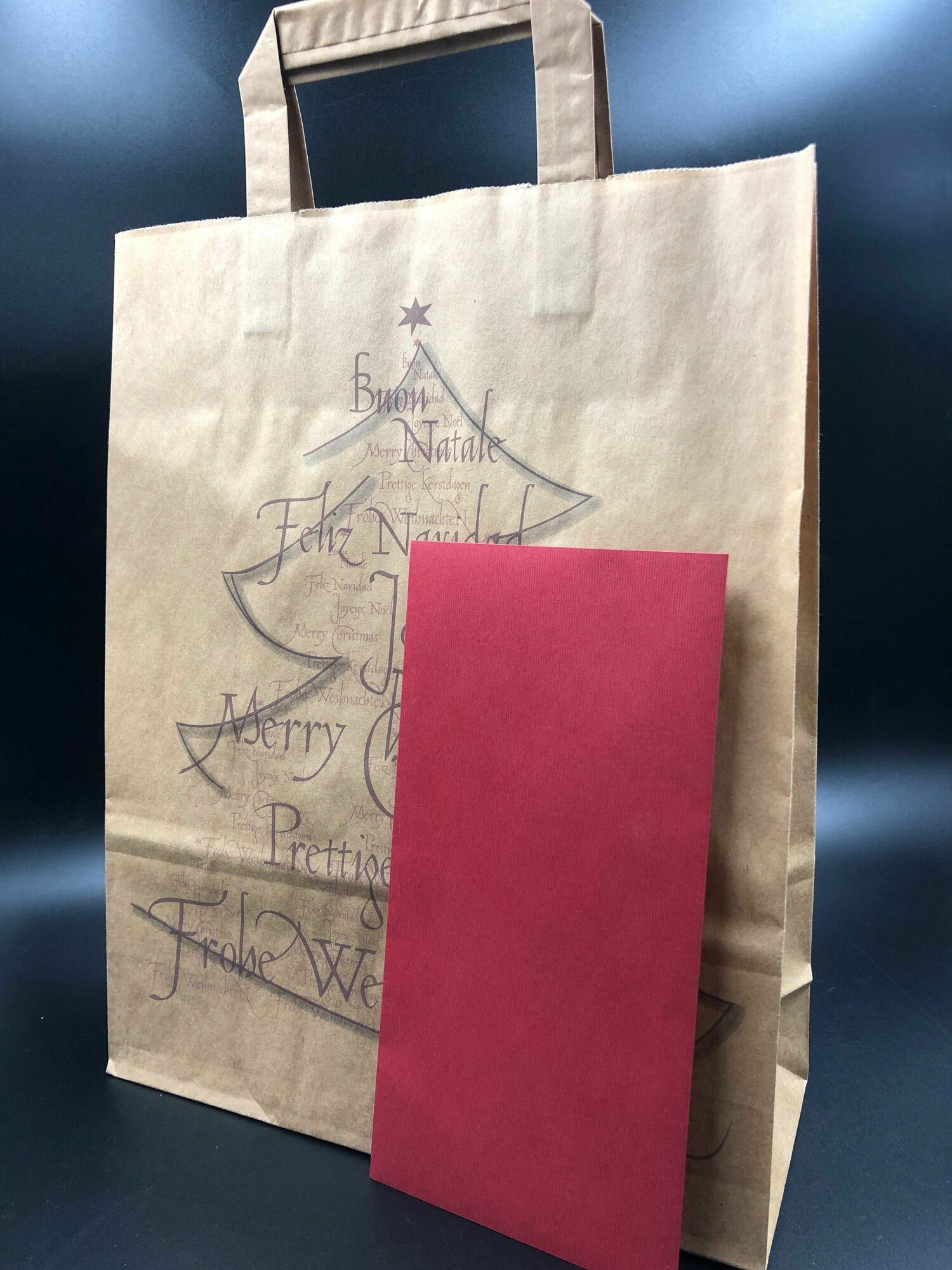 Пакет + конверт Новогодний по 25 шт. Topcraft Ёлка, пакет 260х330х100 мм арт.82, конверт под визитку 110х220 мм Twill "Бордо" дизайнерский с фактурой микровельвет