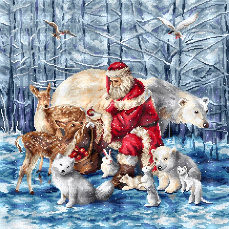 Набор для вышивания LetiStitch #L8082 Santa and Friends (Санта и друзья), Счетный крест, 38 x 38 см