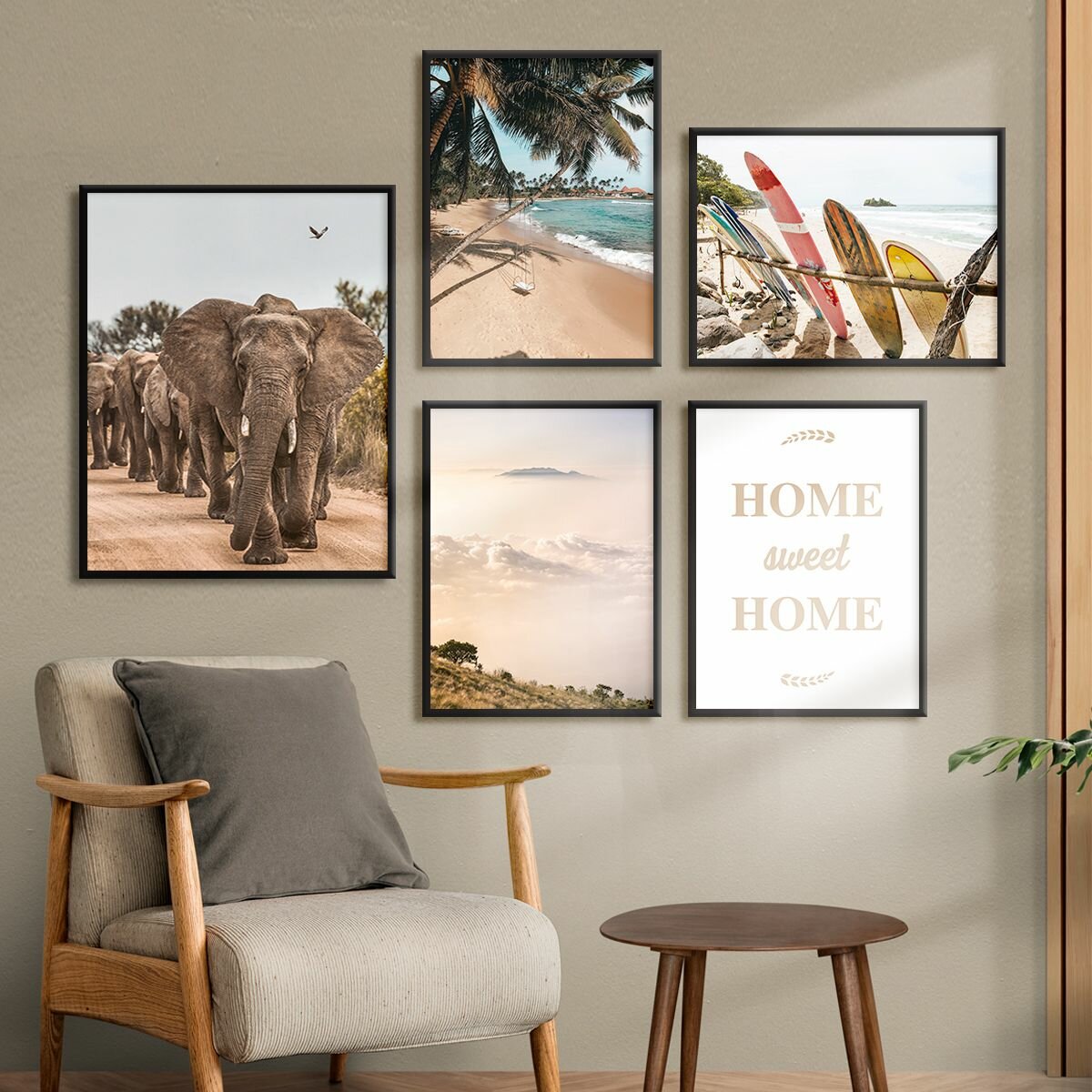 Набор постеров 5 шт "Пляж и слоны" плакат для интерьера, картина на стену