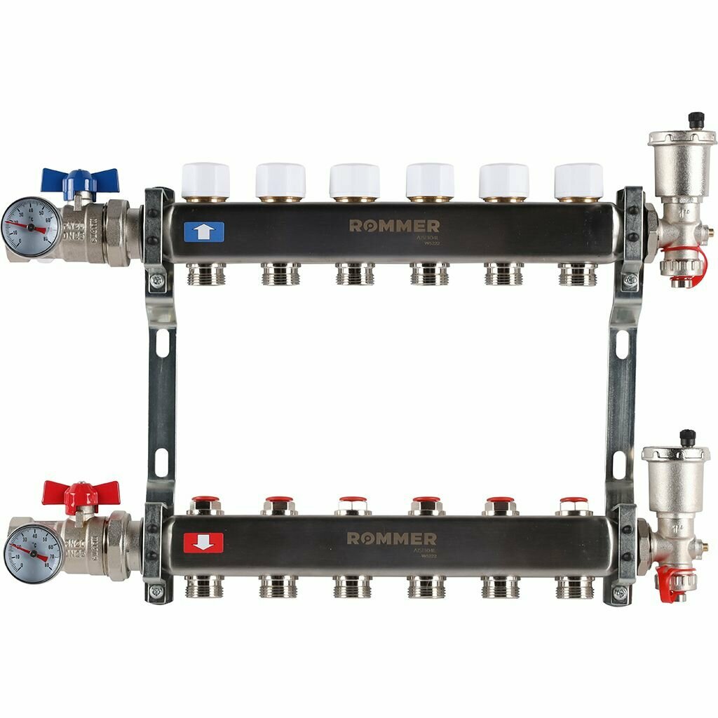 Коллектор для теплого пола ROMMER RMS-3210-000006 из нержавеющей стали в сборе без расходомеров 6 вых.