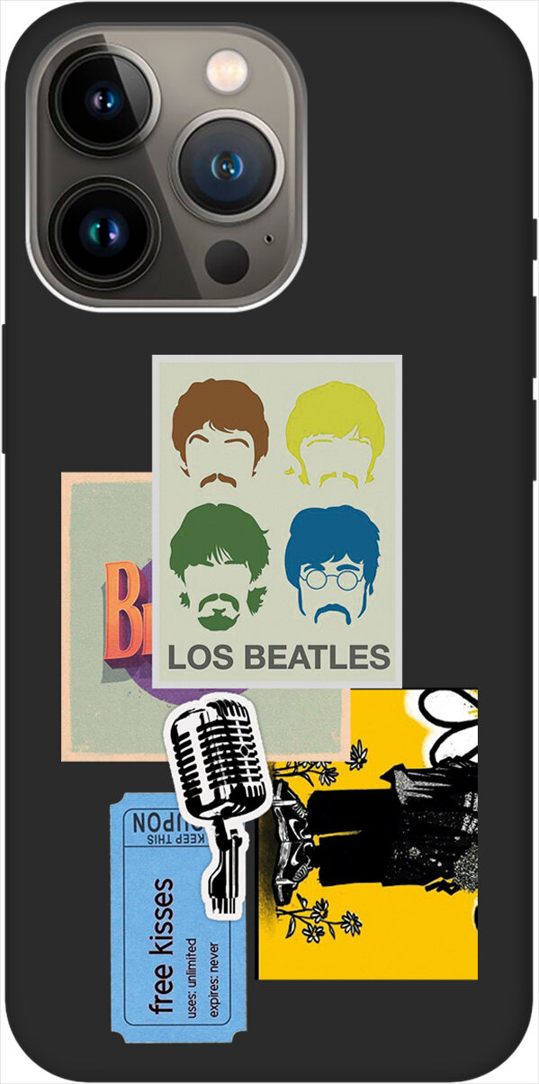 Силиконовый чехол на Apple iPhone 13 Pro Max / Эпл Айфон 13 Про Макс с рисунком "Beatles Stickers" Soft Touch черный