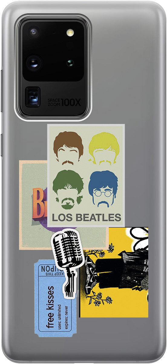 Силиконовый чехол на Samsung Galaxy S20 Ultra, Самсунг С20 Ультра с 3D принтом "Beatles Stickers" прозрачный