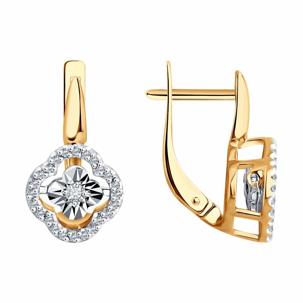 Серьги, комбинированное золото, 585 проба, бриллиант