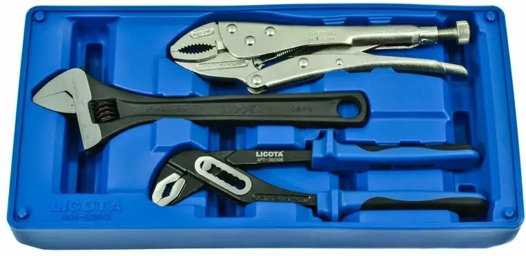 Набор: ручные тиски, переставные клещи, разводной ключ, в ложементе-кейсе Licota ACK-B3012