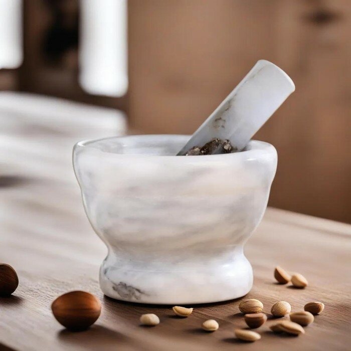 Ступка с пестиком, 130 мл, d=7 см, h=9 см, пестик 10.5 см, камень, белая