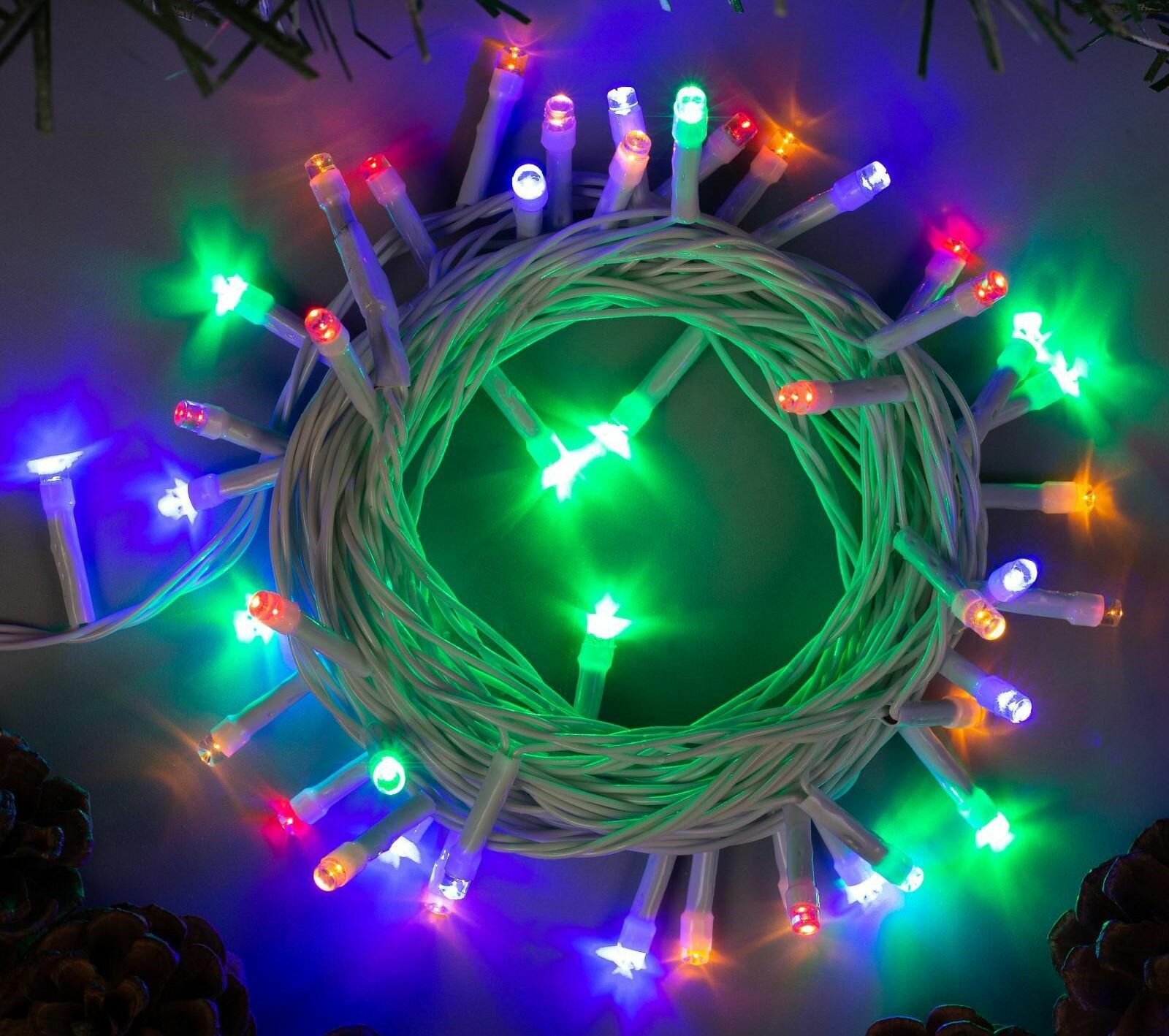 Гирлянда интерьерная светящаяся "Нить" 5 м, IP20, белый шнур, 50 LED, свечение мульти, 8 режимов, работает от сети, 220 В, декоративная новогодняя электрогирлянда