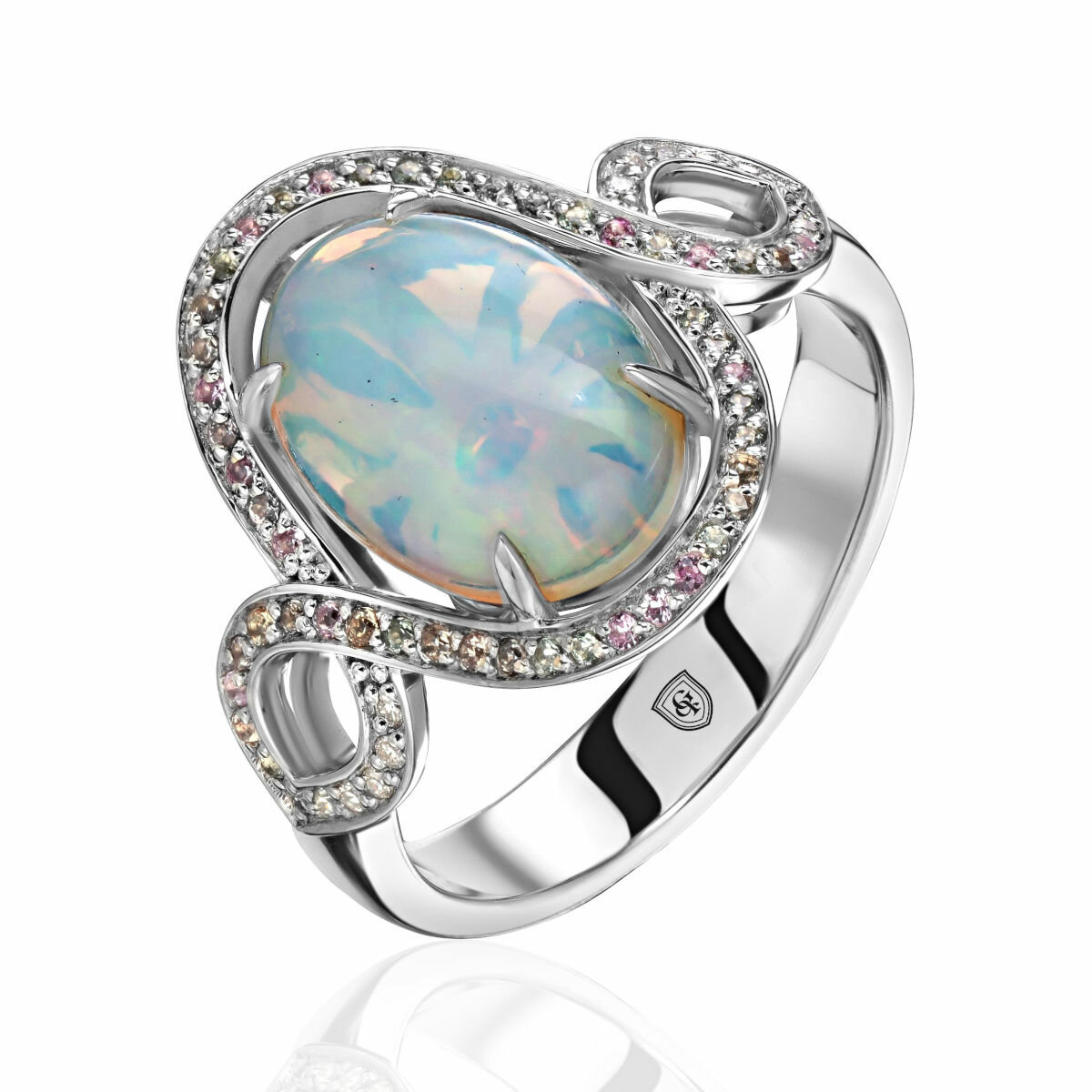 Кольцо, белое золото, 585 проба, родирование, бриллиант, сапфир, опал