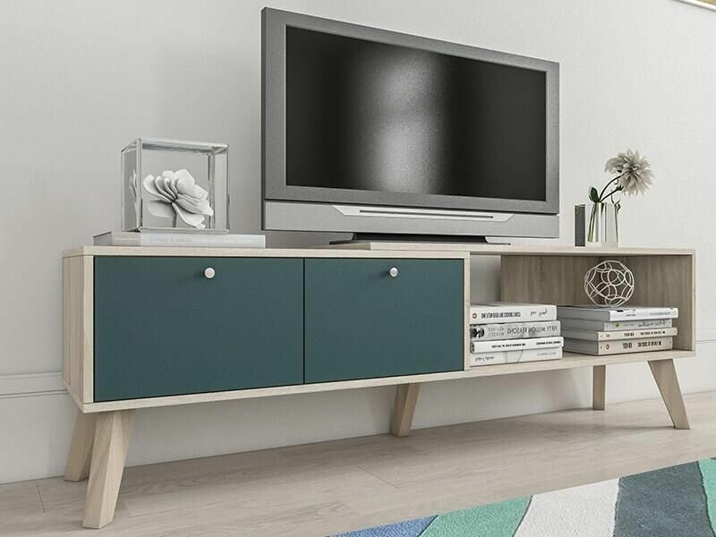 Тумба под ТВ в гостиную "Парма 6" 160х50х40, дуб сонома / аквамарин