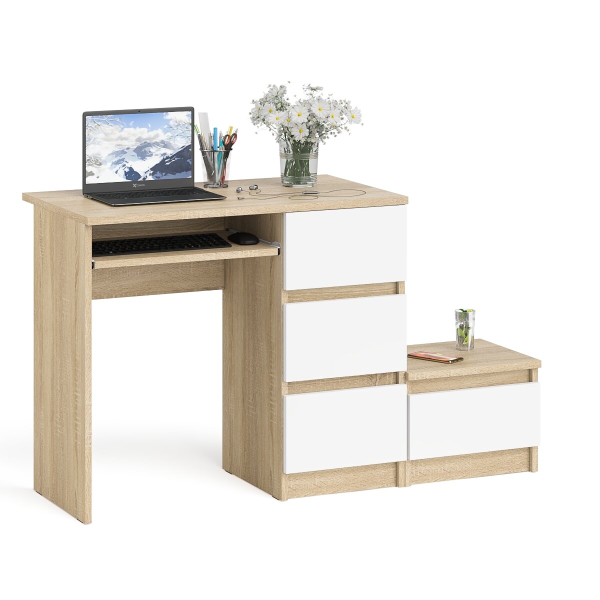Стол компьютерный СВК Мори МС-6 правое исполнение с тумбочкой 400-1 дуб сонома/белый