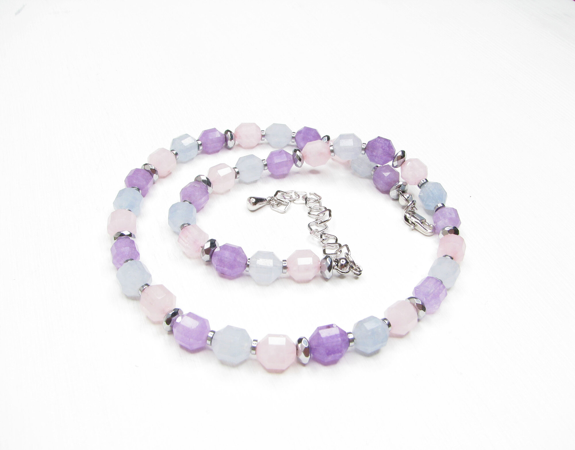 Колье, кварц, розовый кварц, аметист, аквамарин