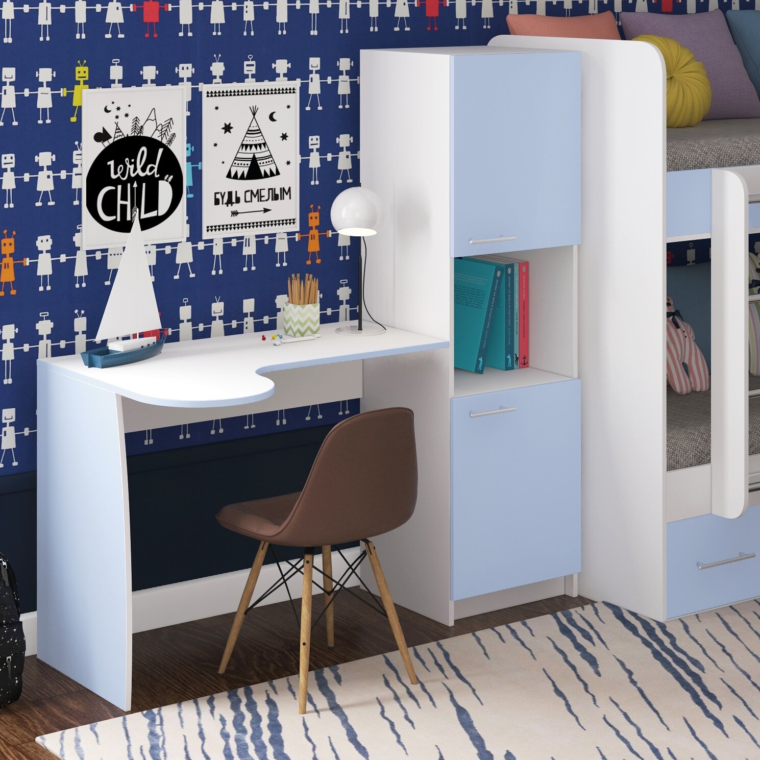 Компьютерный стол со стеллажом, с пеналом, Есэндвич Лаворо, 145x67,5х150 см, правый (Белый/Серенити)