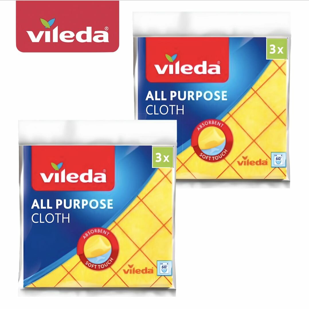 Салфетка универсальная вискозная Vileda 3 шт, цвет: желтый, комплект: 2 уп. по 3 шт, размер 38 х 40 см, 109185-2