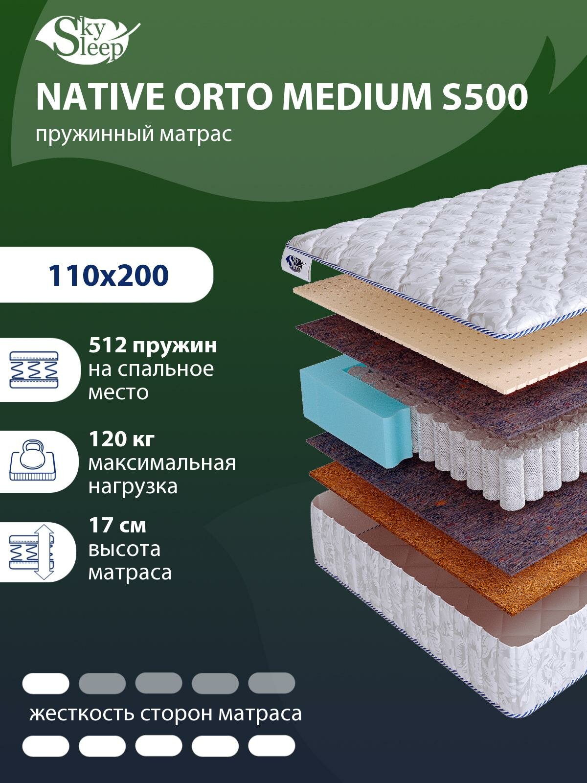 Матрас 110x200 ортопедический пружинный SkySleep NATIVE ORTO MEDIUM S500
