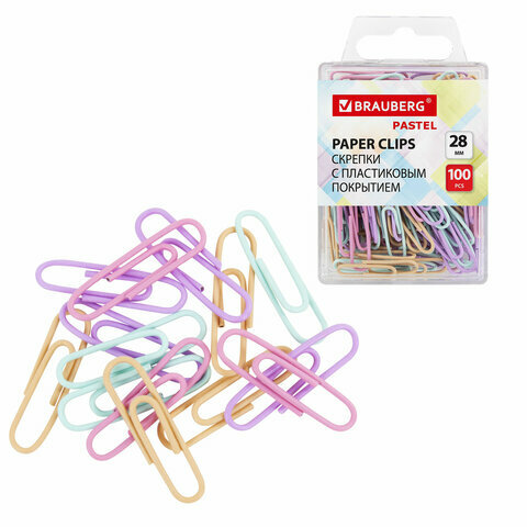 Скрепки BRAUBERG PASTEL, 28 мм, пастельные цвета, 100 шт, в пластиковой коробке, 271956