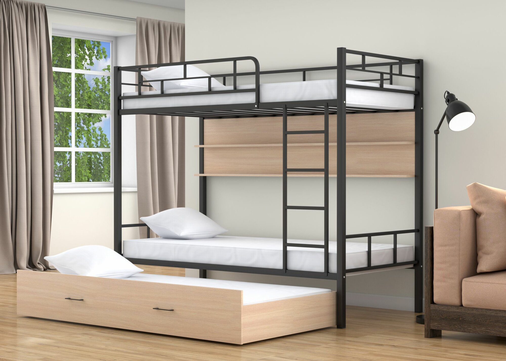 Трехъярусная кровать металлическая "Валенсия" выкатная с полкой Черный/Дуб молочный