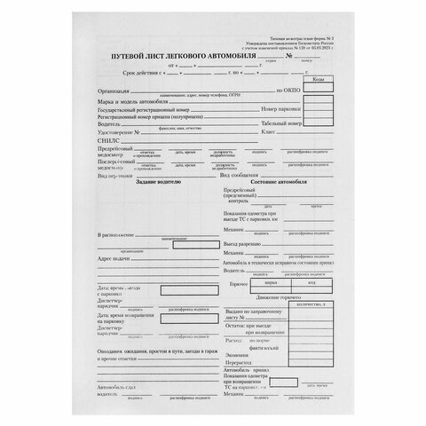 Бланк бухгалтерский типографский "Путевой лист легкового автомобиля", А5 (140х197 мм), склейка 100 шт, 130045