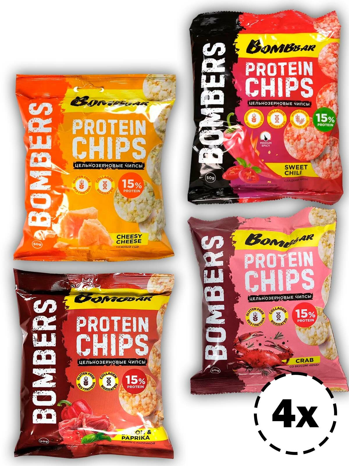 Чипсы BombBar Protein Chips 4 x 50 г, Микс