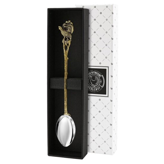 Ложка Кольчугинский Мельхиор для размешивания кофе "Глухарь" латунная с посереб. яблочком + футляр КМ1065ЛЖ01_8