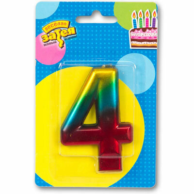 Свеча -цифра "4" Радуга металлик 8см/V
