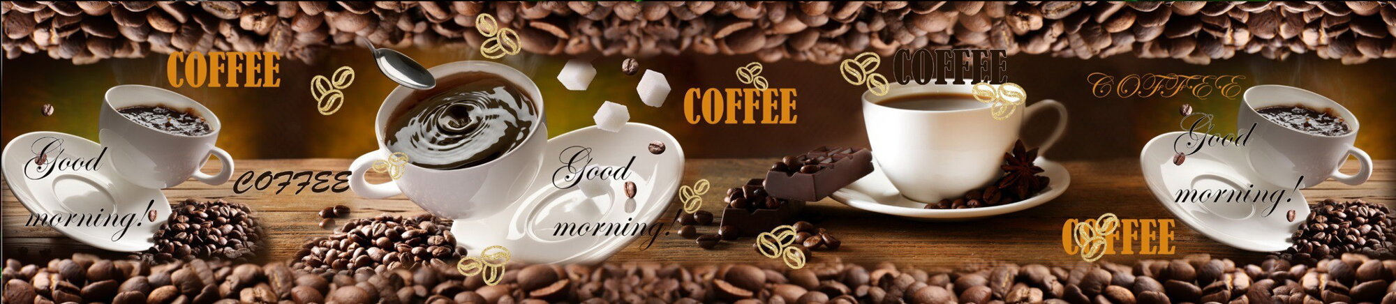 Кухонный фартук/стеновая панель МДФ для кухни 2800*600*6мм MR-18 "Кофейня" Золото (эффект мерцания)