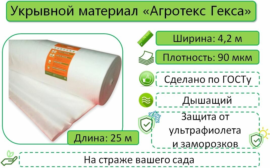 Укрывной материал Агротекс Гекса 90, Белый, 4,2м х 25м, с УФ-стабилизатором / спанбонд / агроткань для парника