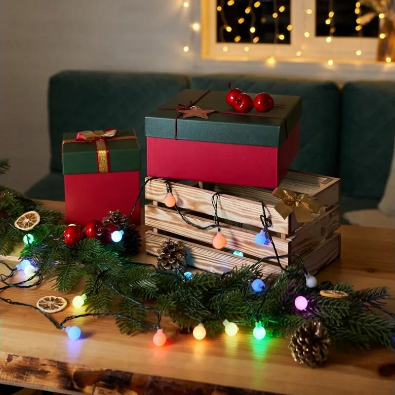 Гирлянда "Мультишарики" 18мм 5м, темно-зеленый ПВХ, 30 диодов, цвет RGB