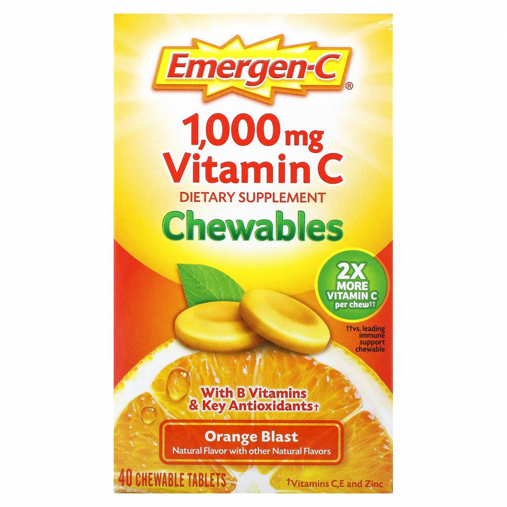 Emergen-C, жевательные таблетки с витамином C, со вкусом апельсина, 40 жевательных таблеток