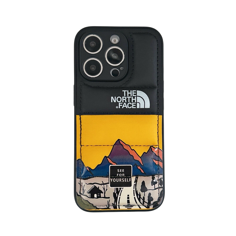 Чехол для iPhone 15 Pro черный / желтый силиконовый дутый пуховик North Face