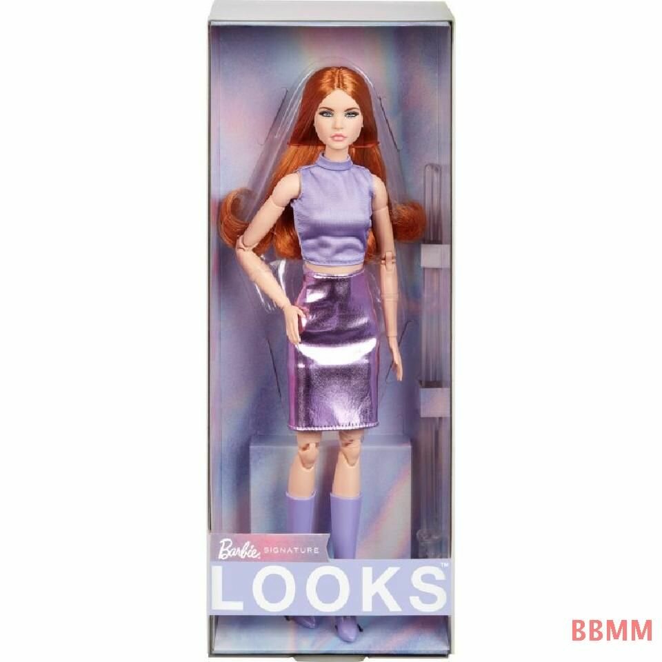 Кукла Barbie, Фирменная внешность Барби HRM12, 2024 Модель #20 Рыжая, фиолетовая юбка, сапоги до колена