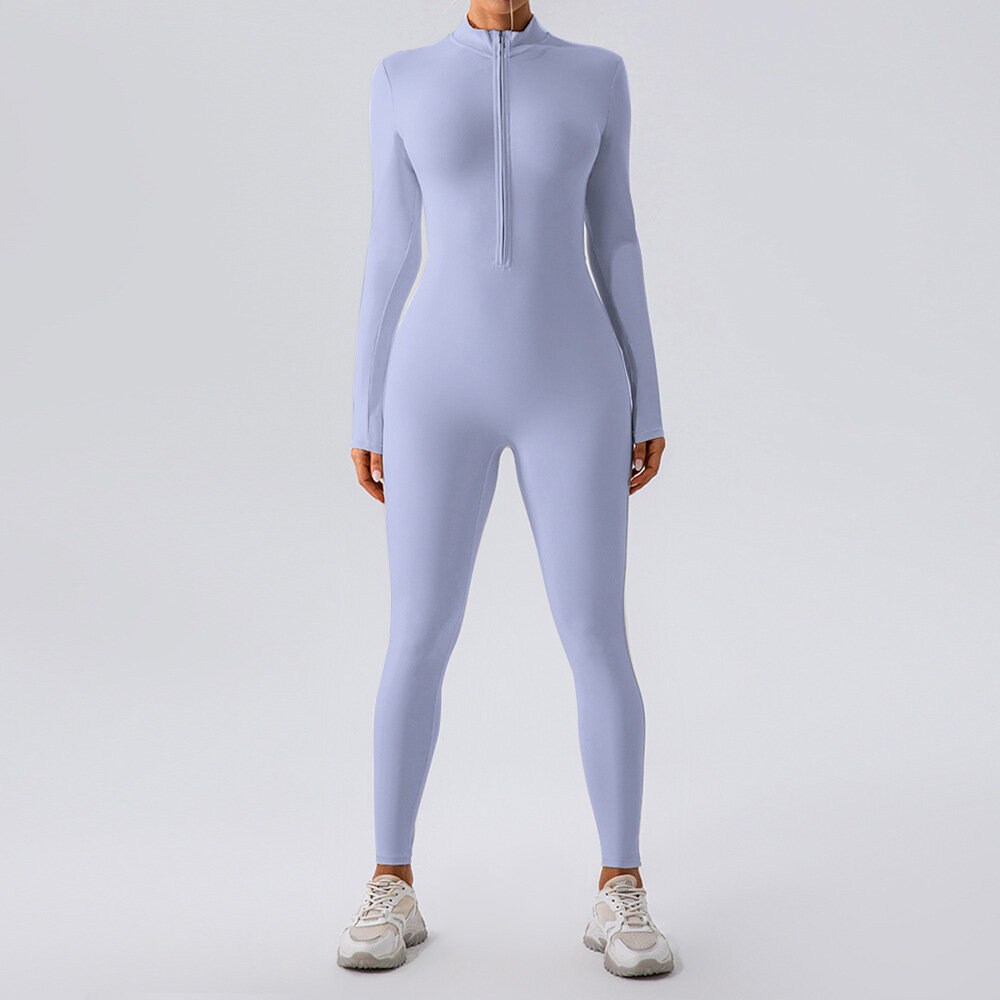 Трансграничный воротник-стойка с короткой молнией и длинным рукавом Комбинезон для йоги Обнаженные женщины Sense Высокопрочный спортивный комбинезон для фитнеса и пилатеса