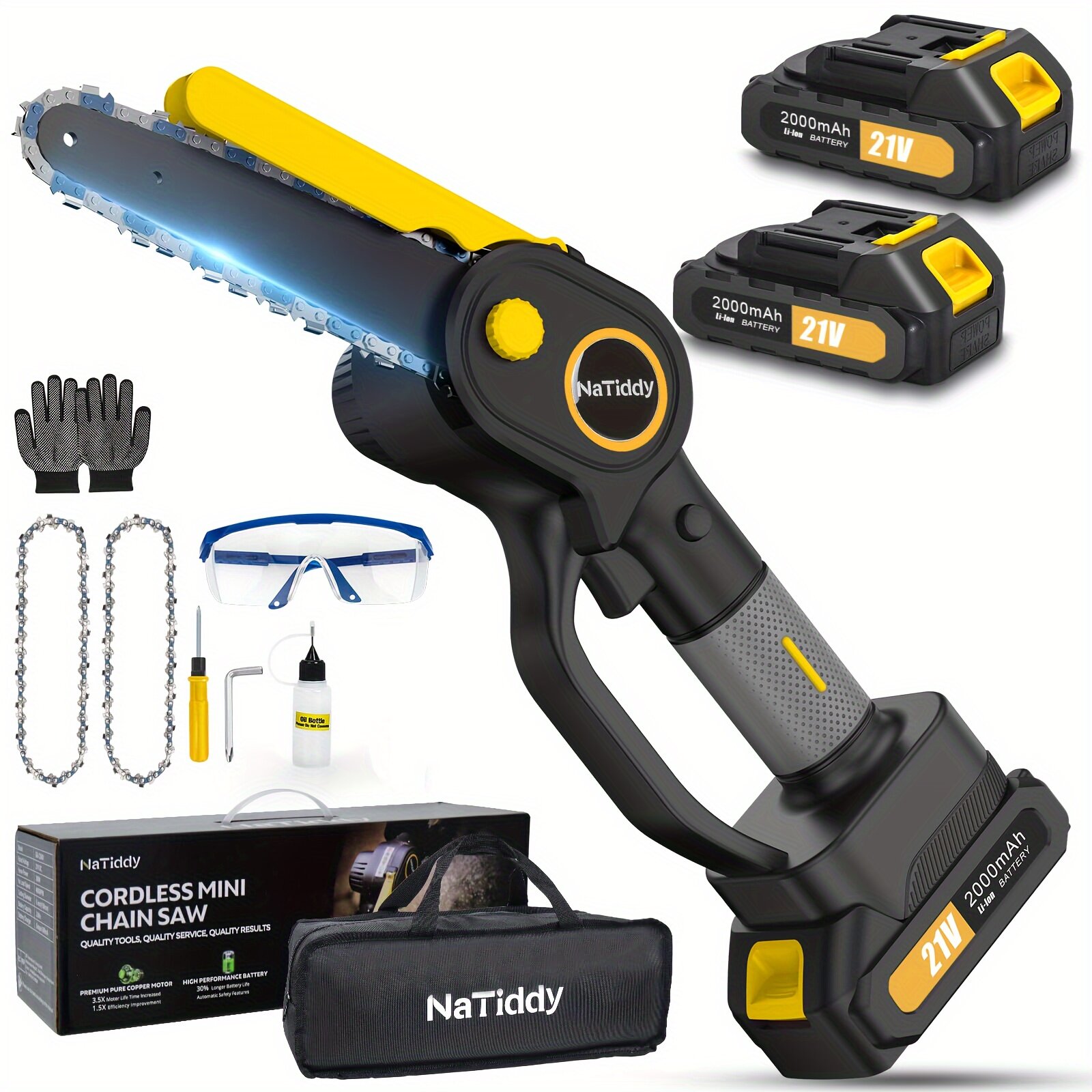 NaTiddy Мини аккумуляторная цепная пила 6 дюймов, маленькая цепная пила с 2 перезаряжаемыми аккумуляторами 21В, ручная цепная пила для обрезки деревьев и распиловки веток (2 аккумулятора и 2 цепи)