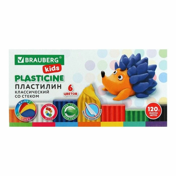 Пластилин Brauberg 6 цветов, 120 г "Kids", со стеком