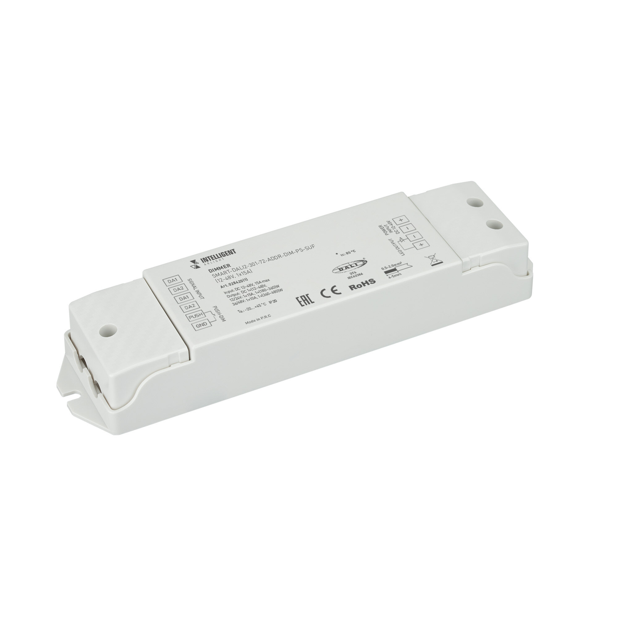 Диммер Arlight INTELLIGENT ARLIGHT Диммер SMART-DALI2-301-72-ADDR-DIM-PS-SUF (12-48V, 1x15A) (IARL, IP20 Пластик, 5 лет)