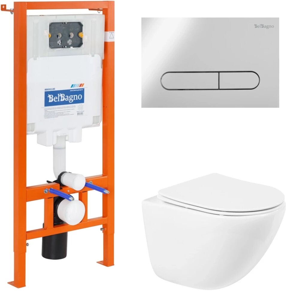 Комплект инсталляция с унитазом BelBagno Prospero BB051CHR/BB051SC/BB002-80/BB005-PR-CHROME с кнопкой смыва, хром + унитаз подвесной BelBagno Amanda безободковый, с сиденьем микролифт, белый